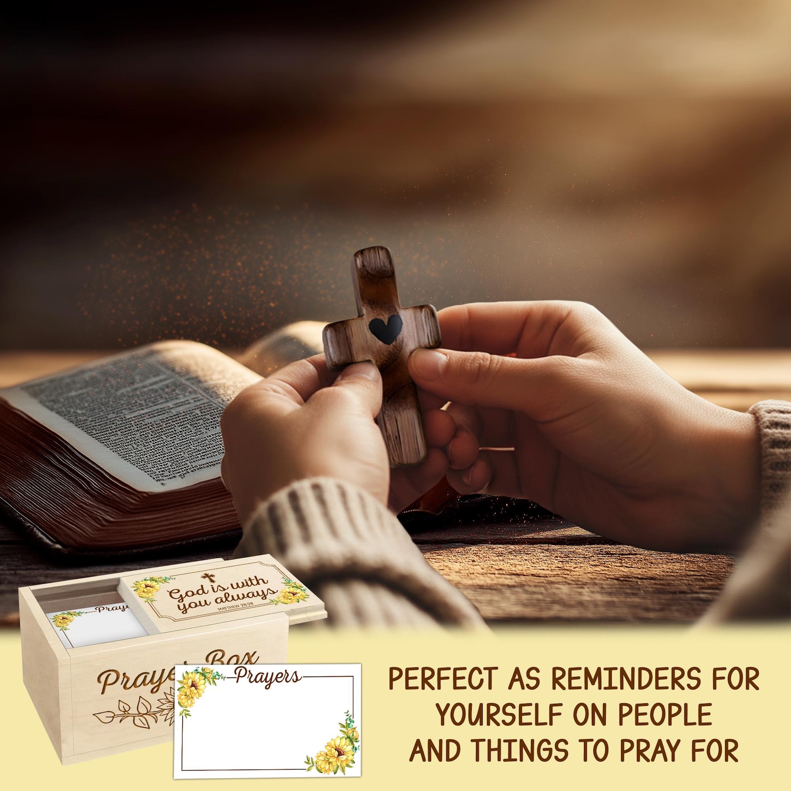 Wooden Prayer Box Set– 100 Prayer Request Cards, Handheld Cross ...