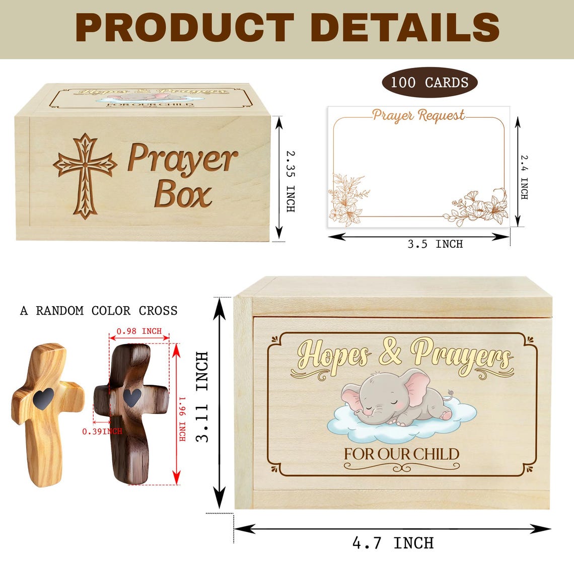 Prayer Box for Baby – 100 Prayer Request Cards, Handheld Cross, Maple ...