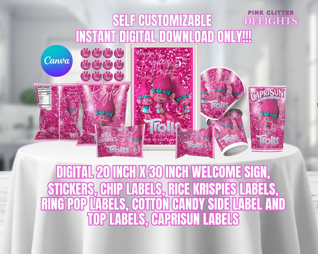 Custom Editable Poppy Trolls Treat Labels Chip Bag Labels Digital ...