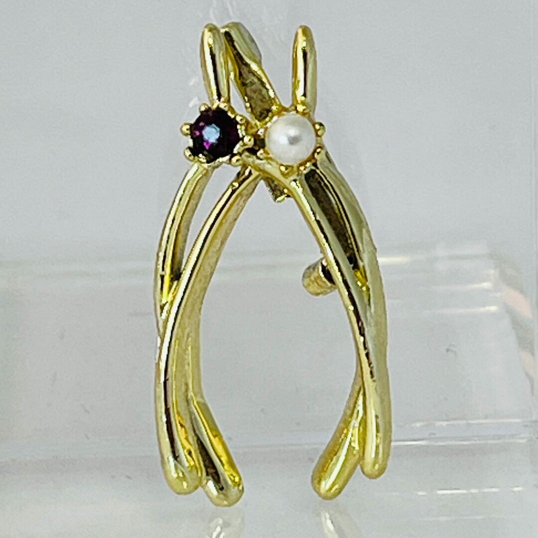 Vintage Double Wishbone Brooch With Faux Pearl and Amethyst Rhinestone ...