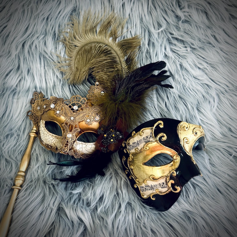 Gold Masquerade Masks for Couples, His and Hers Feather Masks, Couples ...