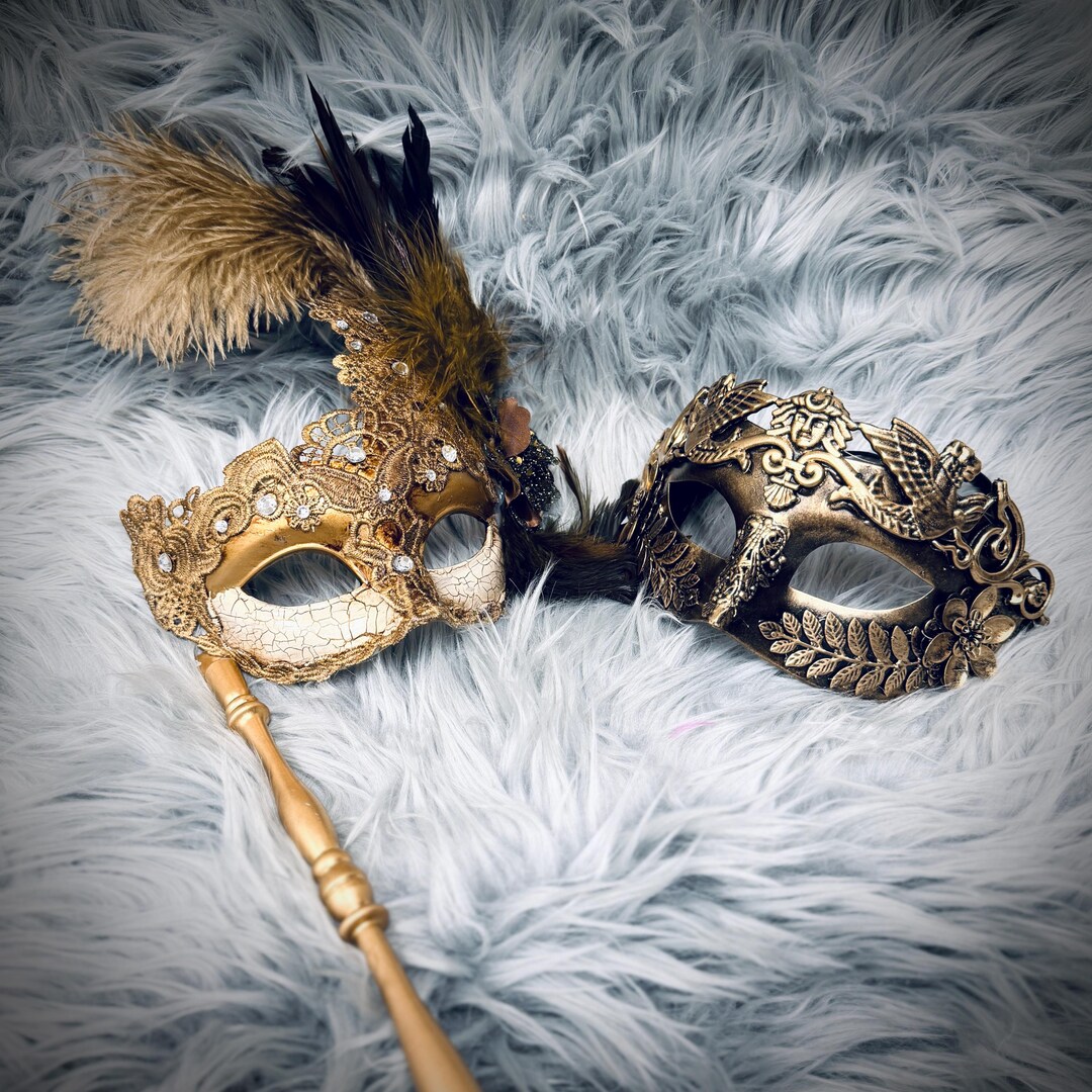 Gold Masquerade Masks for Couples, His and Hers Feather Masks, Couples ...