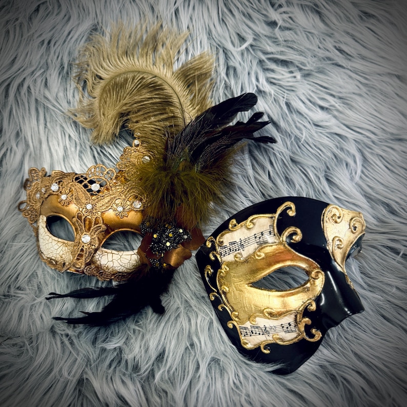Gold Masquerade Masks for Couples, His and Hers Feather Masks, Couples ...