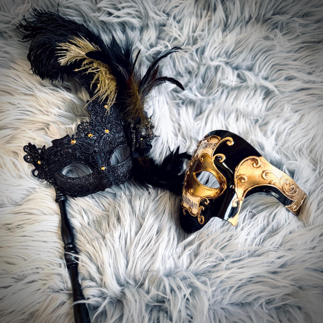 Black and Gold Men or Women Masquerade Feather Masks, Couple Venetian ...