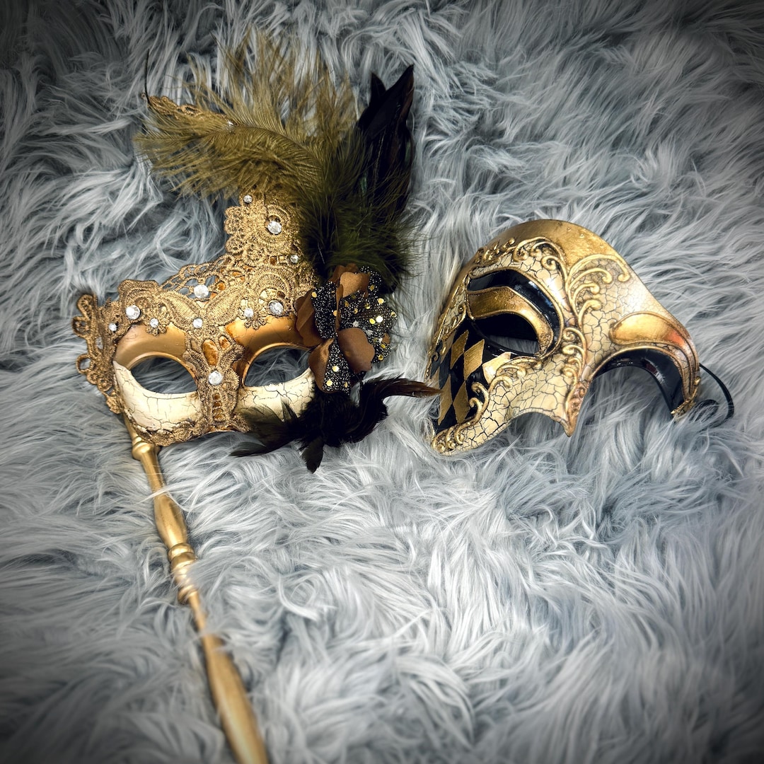 Gold Masquerade Masks for Couples, His and Hers Feather Masks, Couples ...