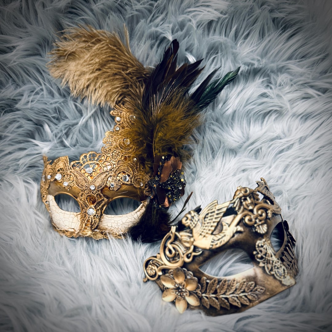 Gold Masquerade Masks for Couples, His and Hers Feather Masks, Couples ...