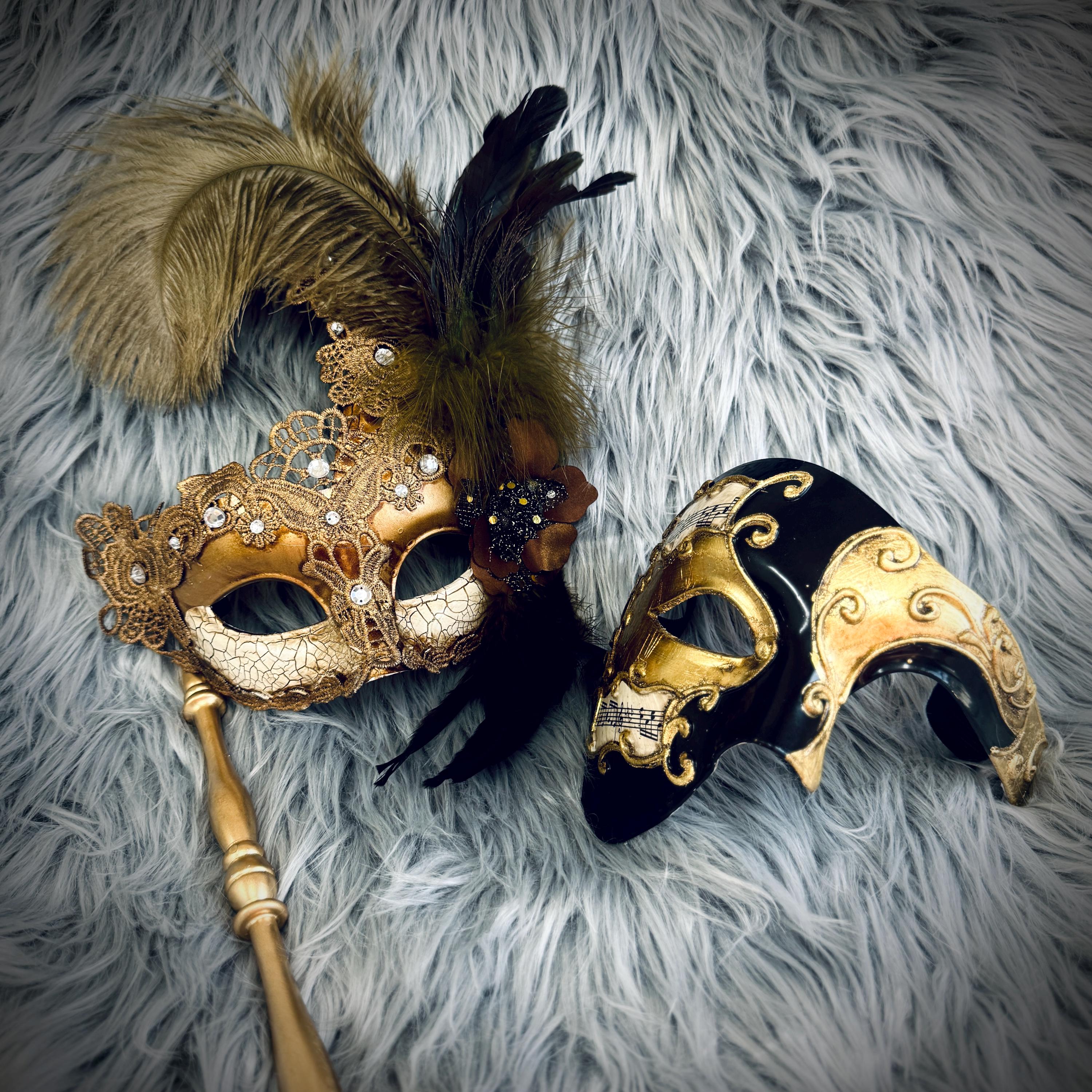 Gold Masquerade Masks for Couples, His and Hers Feather Masks, Couples ...