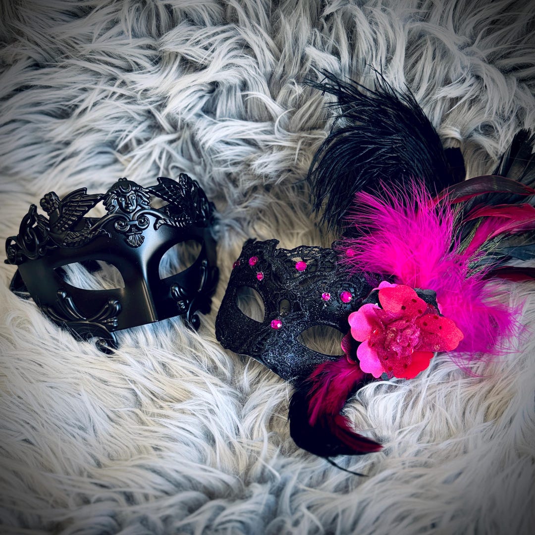 Black and Pink Masquerade Masks for Couples, His and Hers Feather Masks ...