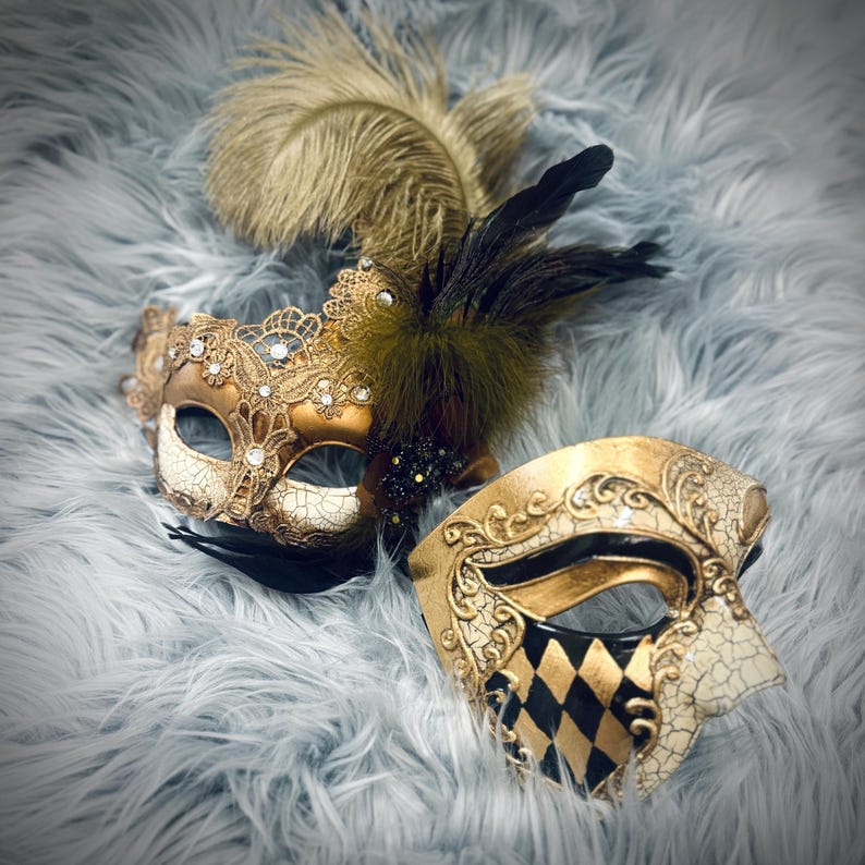 Gold Masquerade Masks for Couples, His and Hers Feather Masks, Couples ...