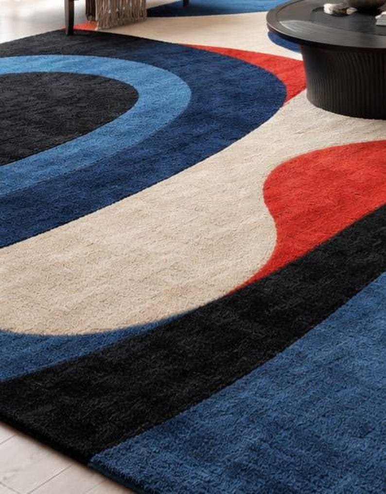 Hand Tufted Abstract Area Rug, Blue Black Red Wave Carpet - Etsy