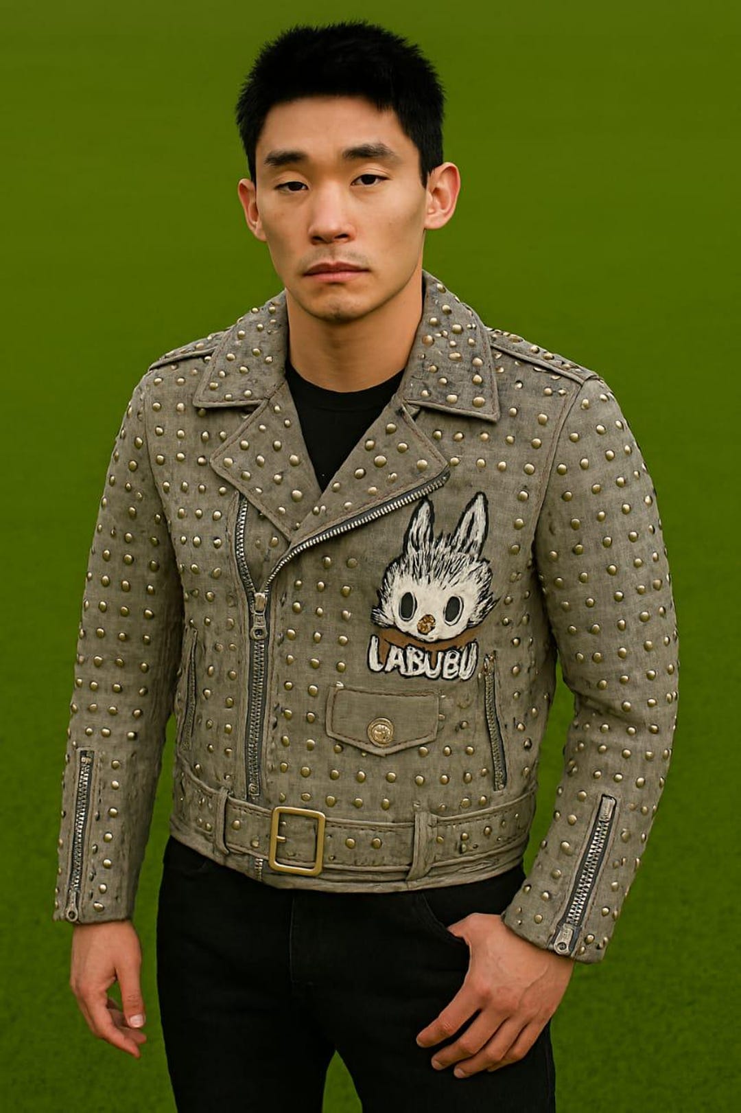 Studded Gray Leather Jacket With Labubu Doll Design - Moto Style - Etsy