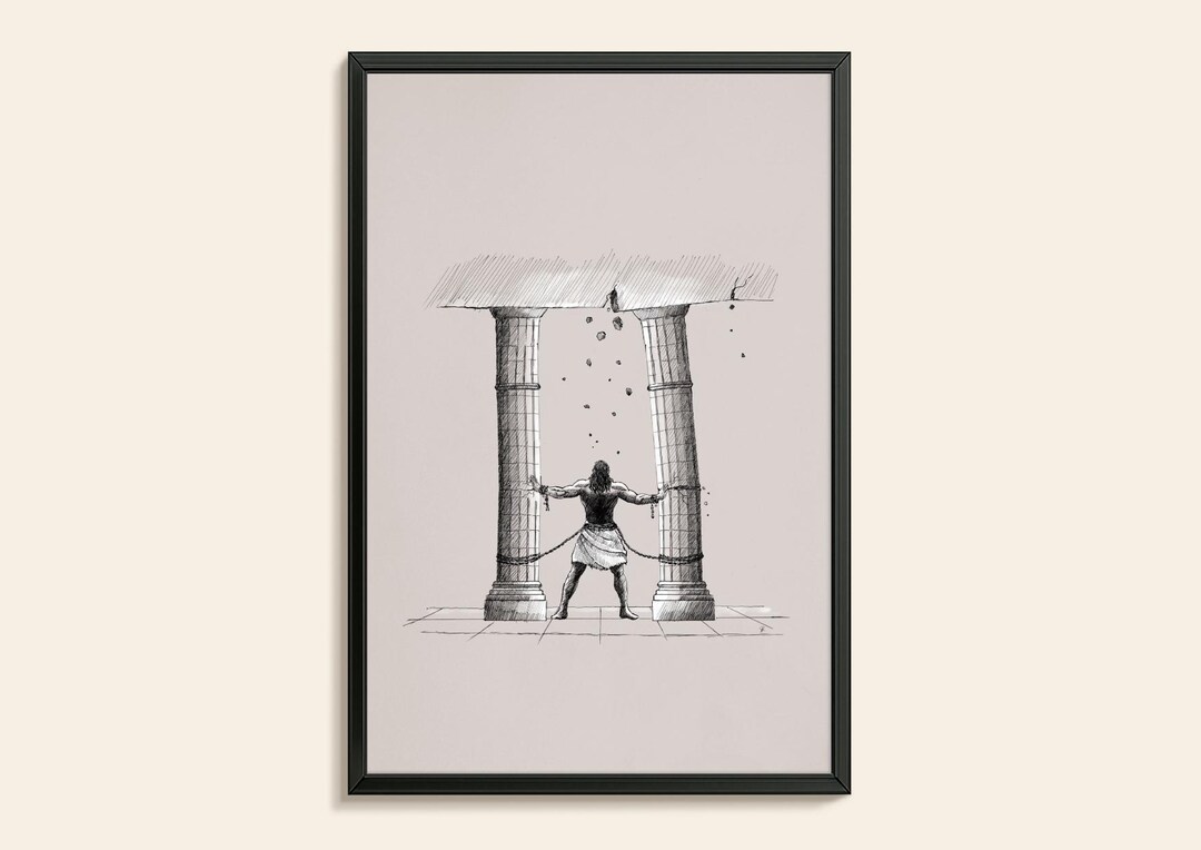 Samson Destroyed the Dagon Temple Hand Drawn | Christian Faith Wall Art ...