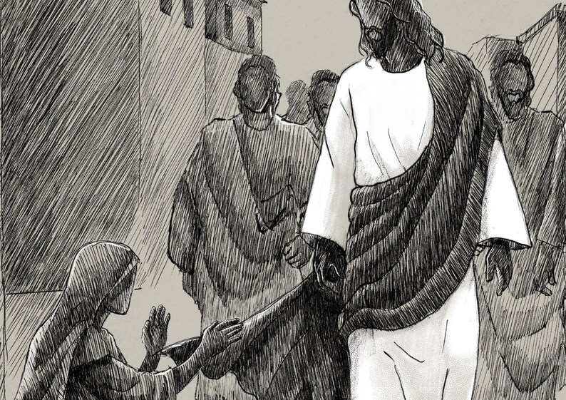 Jesus Heals the Bleeding Woman Sketch | Christian Wall Art (bible ...