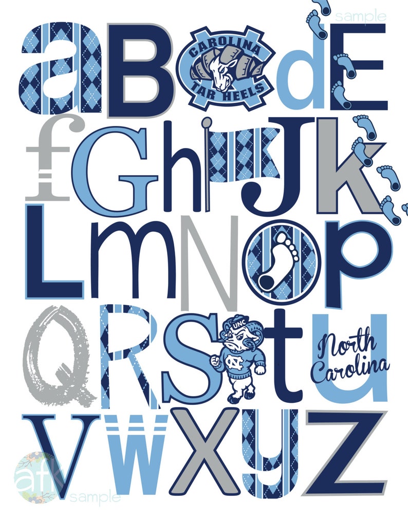 UNC TARHEELS Team ABC Nursery Art Print - Etsy