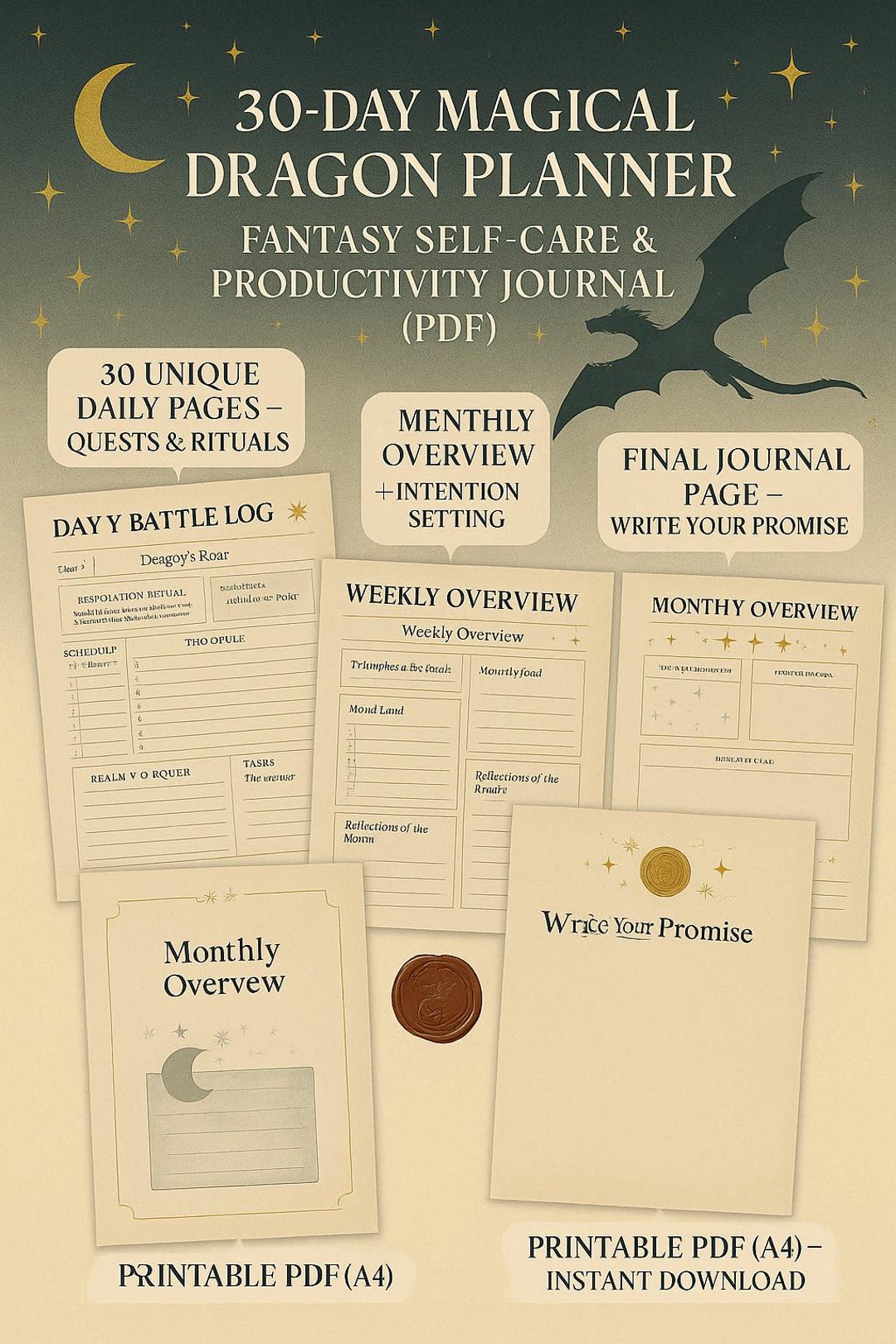 Magical Dragon Planner | Fantasy Self Care Journal | Printable PDF - Etsy