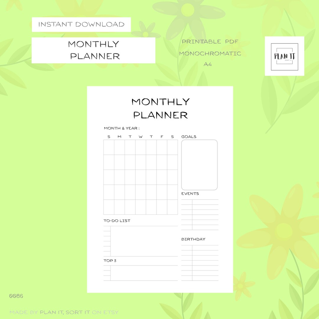 Monthly Planner Sheet Printable Template Undated Sunday Start Portrait ...
