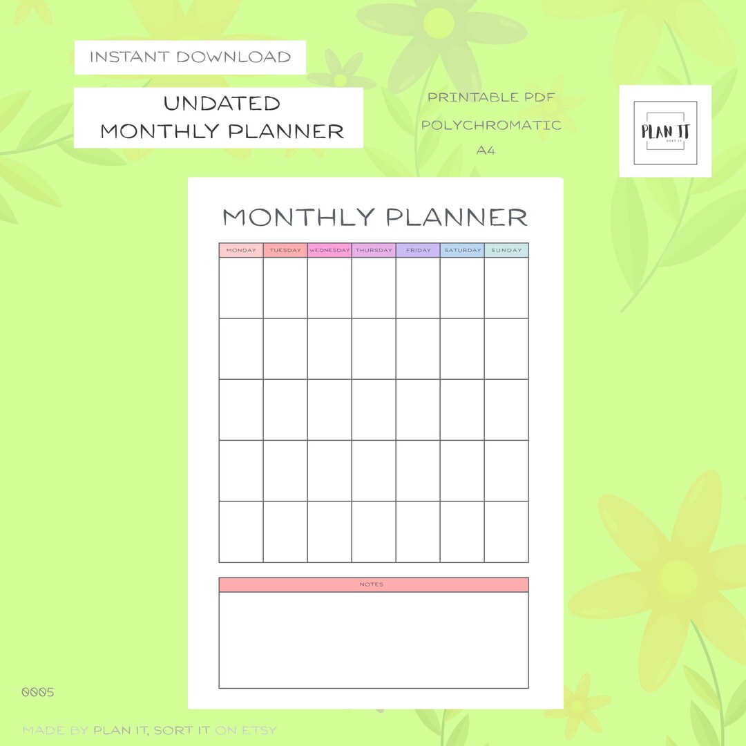 Monthly Calendar Planner Printable Template Undated Monday Start ...