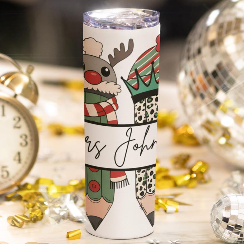 Personalized Christmas Teacher Tumbler, Custom Name Pencil Design ...