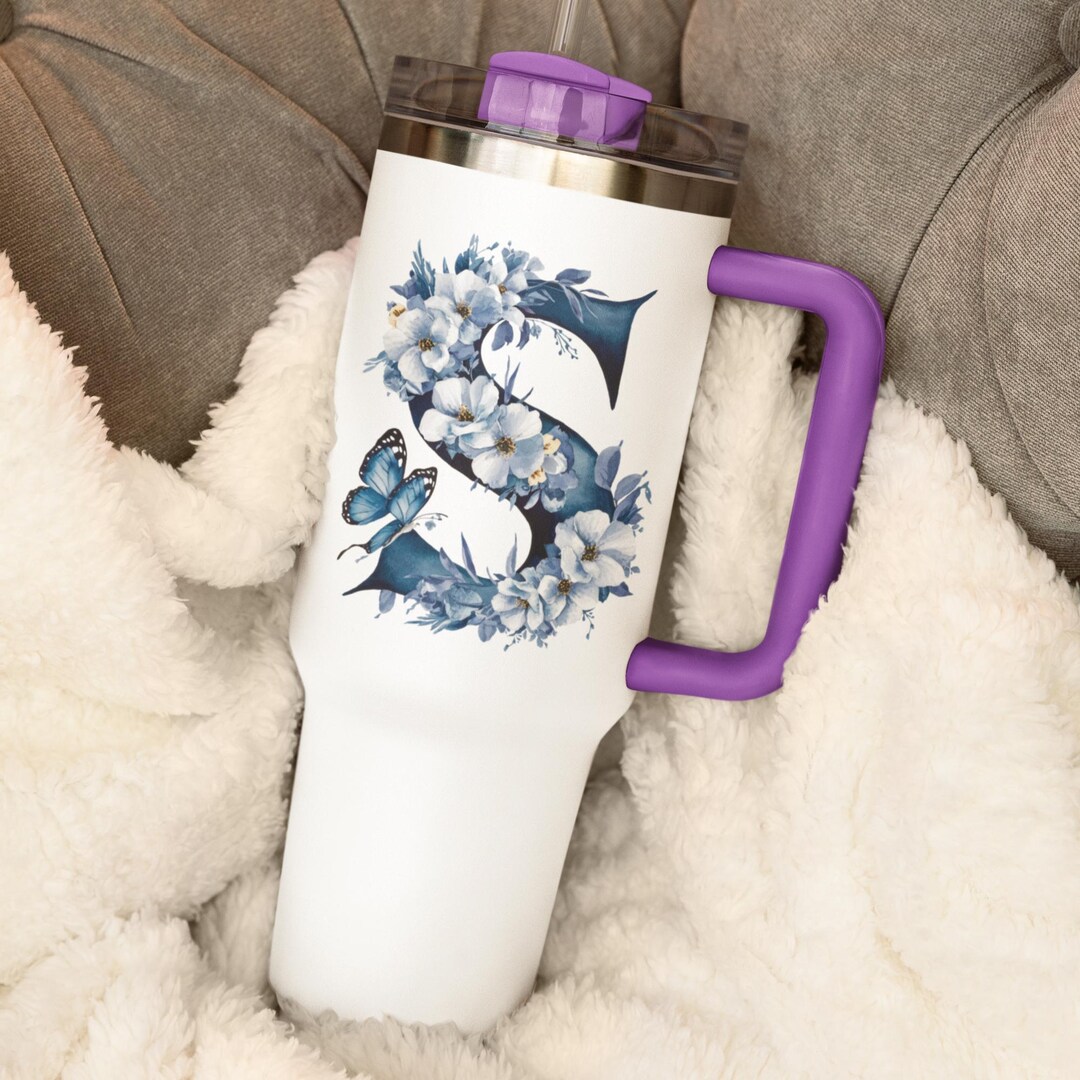 Custom Initial Tumbler, Blue Floral Monogram 40oz Mug With Handle ...