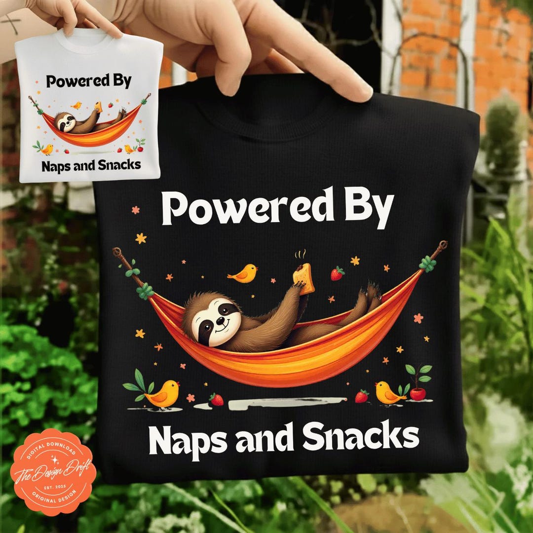 Sloth Powered by Naps and Snacks PNG, Funny Lazy Day Sleepy Sloth Tee ...