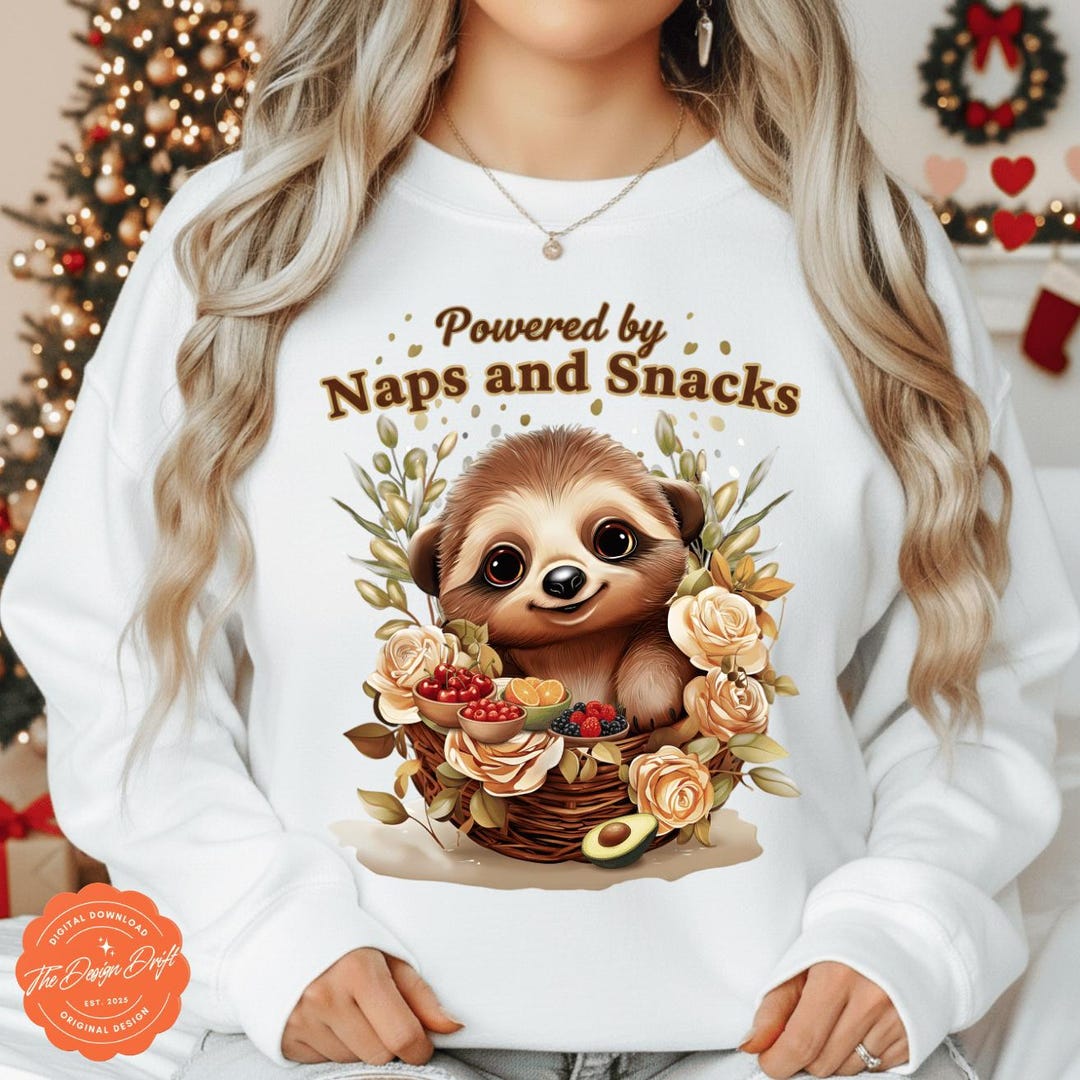 Powered by Naps and Snacks PNG, Cute Sloth PNG Design, Kawaii Animal ...
