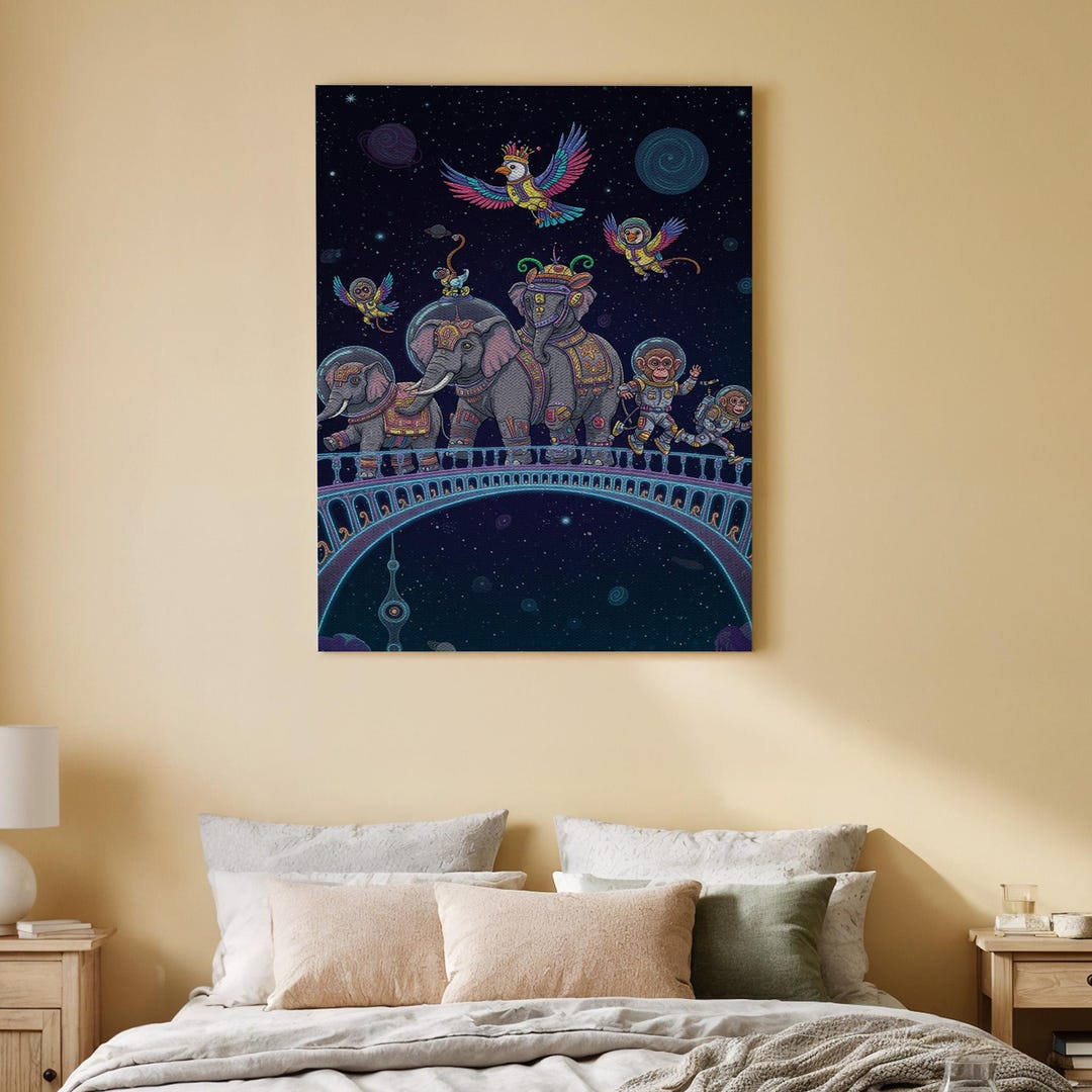 Space Animal Parade Canvas Wall Art, Elephants, Monkeys, and Birds in ...