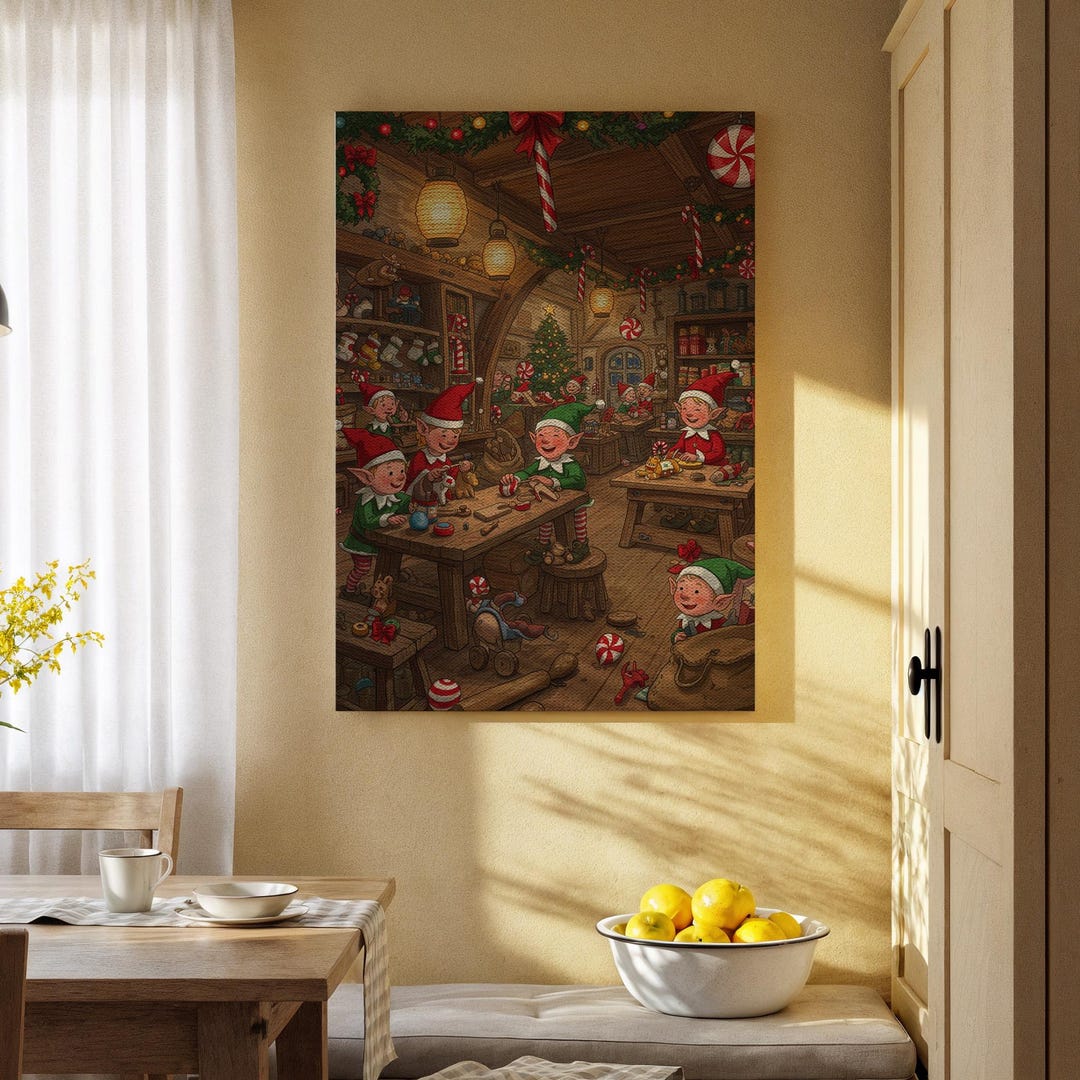 Santas Workshop Canvas Art, Christmas Elf Wall Print, Festive Toy ...