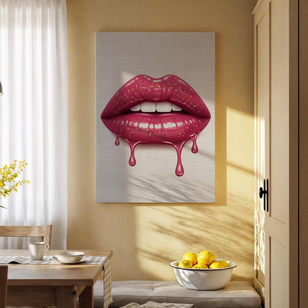 Pink Lips Canvas Wall Art, Dripping Lip Gloss Pop Art Print, Bold ...