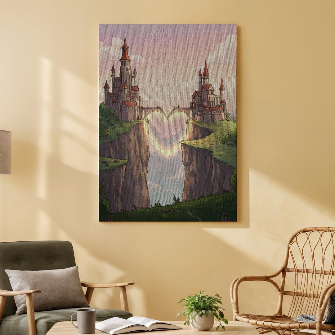 Fantasy Castle Heart Bridge Canvas Wall Art, Fairytale Landscape Print ...
