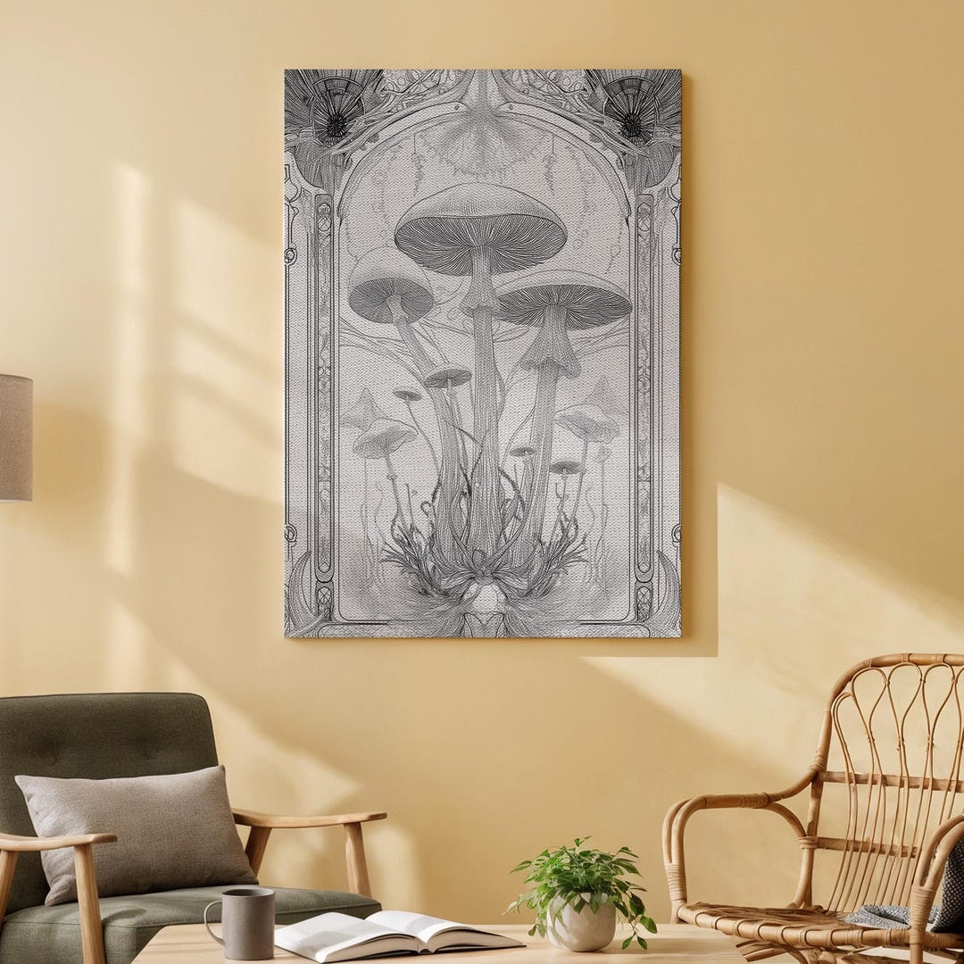 Vintage Mushroom Canvas Wall Art, Black and White Botanical Print ...