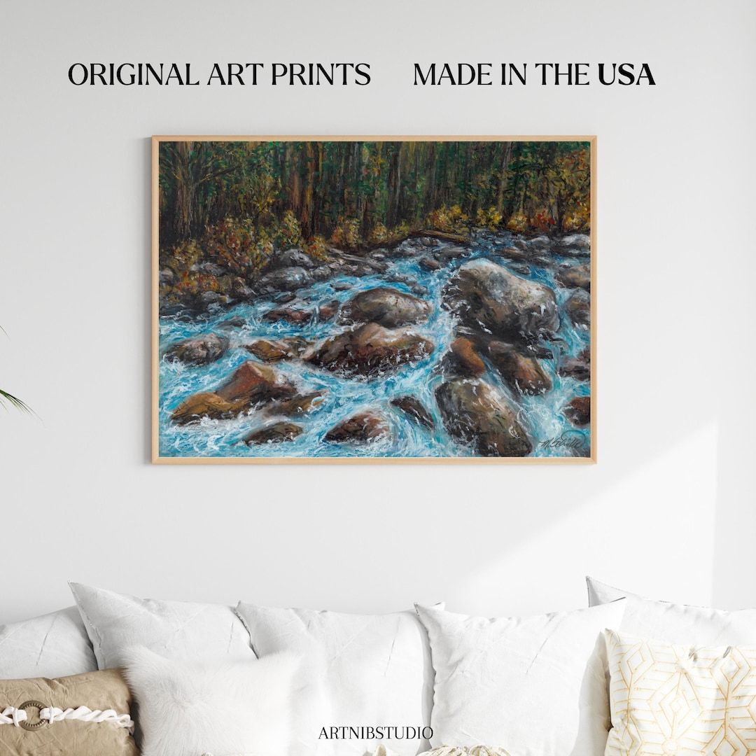 Mountain Stream Oil Pastel Art Print | Forest River Landscape Painting ...
