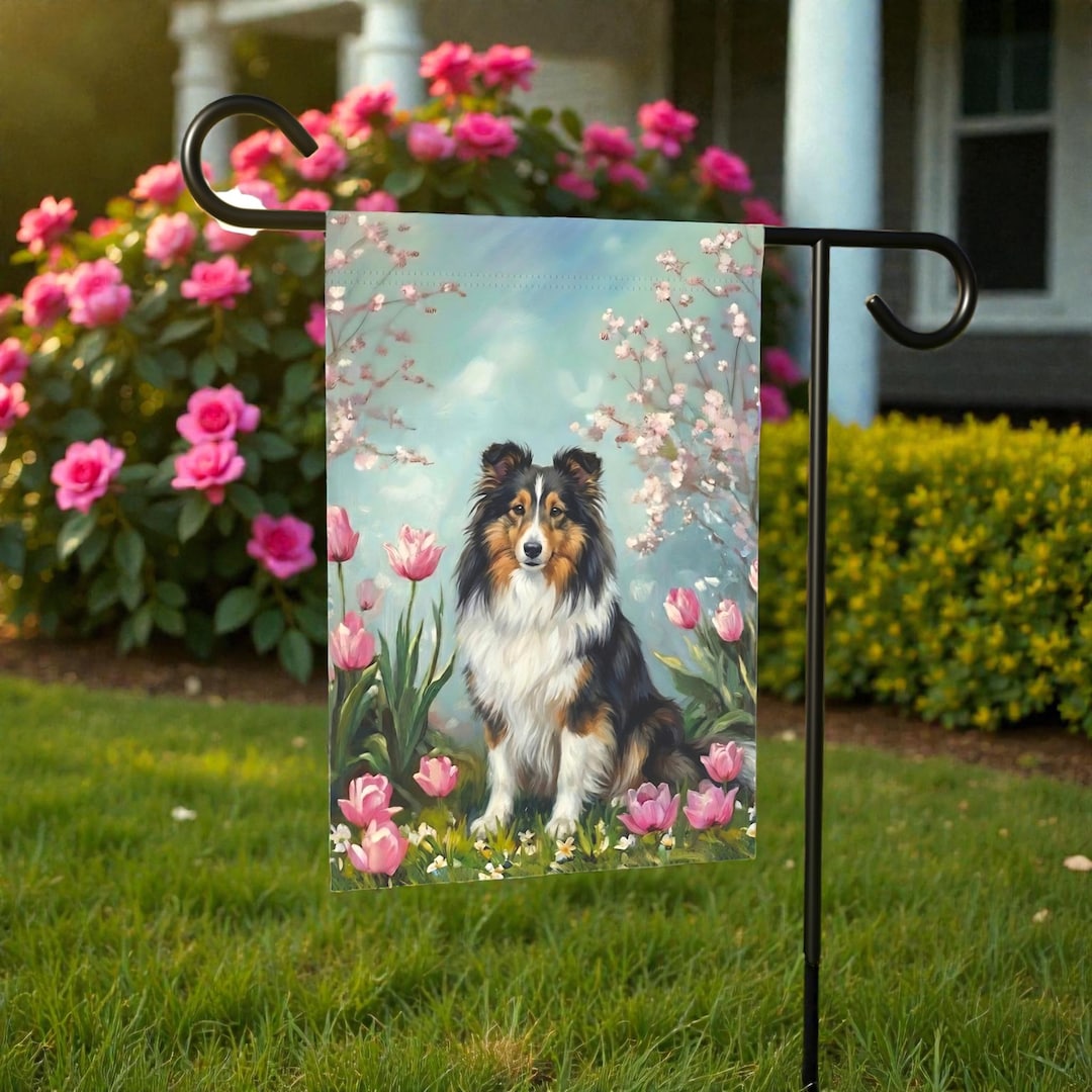 Sheltie in the Tulips Spring Garden Flag, Dog Flower House Banner - Etsy