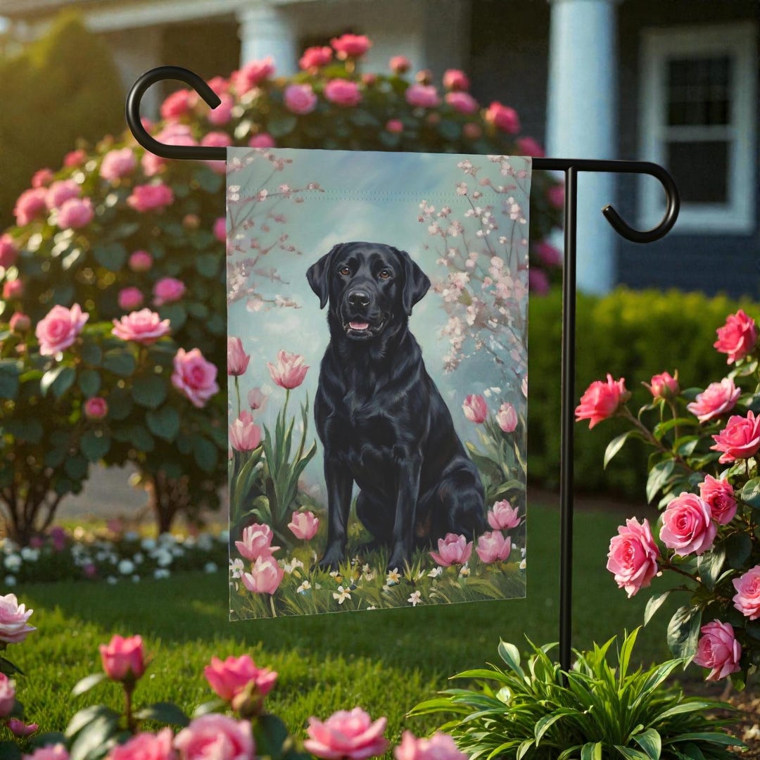 Black Labrador Retriever in the Tulips Spring Garden Flag, Dog Flower ...