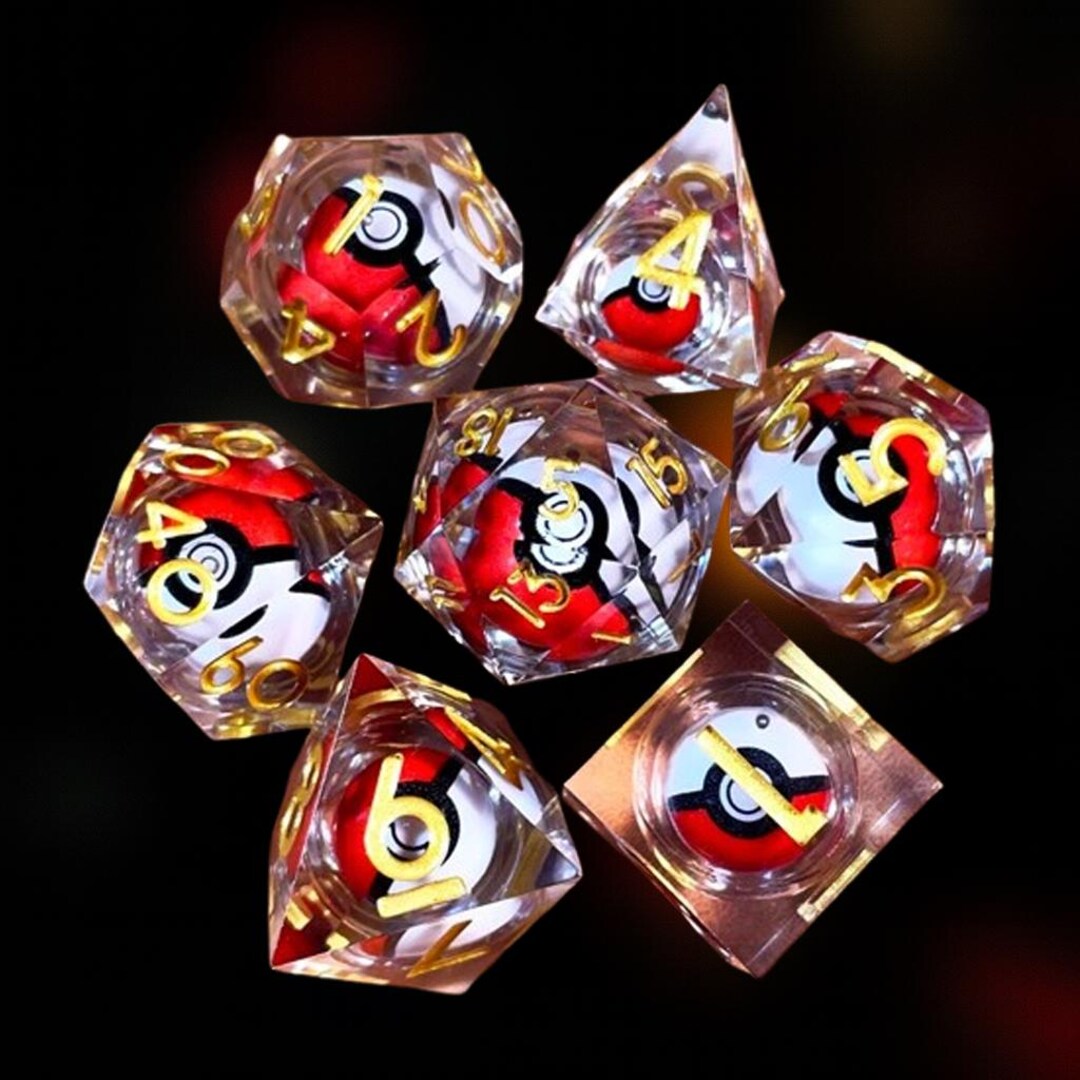 Resin Poké Ball Dice | Polyhedral Set With Rotating Core | Gold Numbers ...