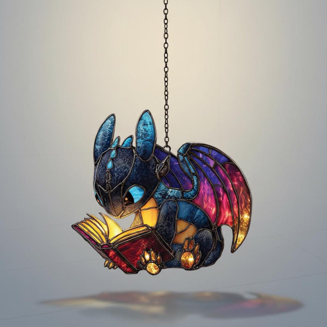 Toothless Reading Book Acrylic Suncatcher, Night Fury Dragon Faux ...