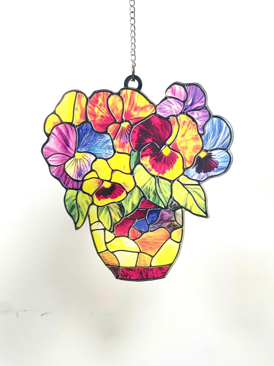 Pansy Flower Vase Faux Stained Glass Acrylic Suncatcher Window Hanging ...