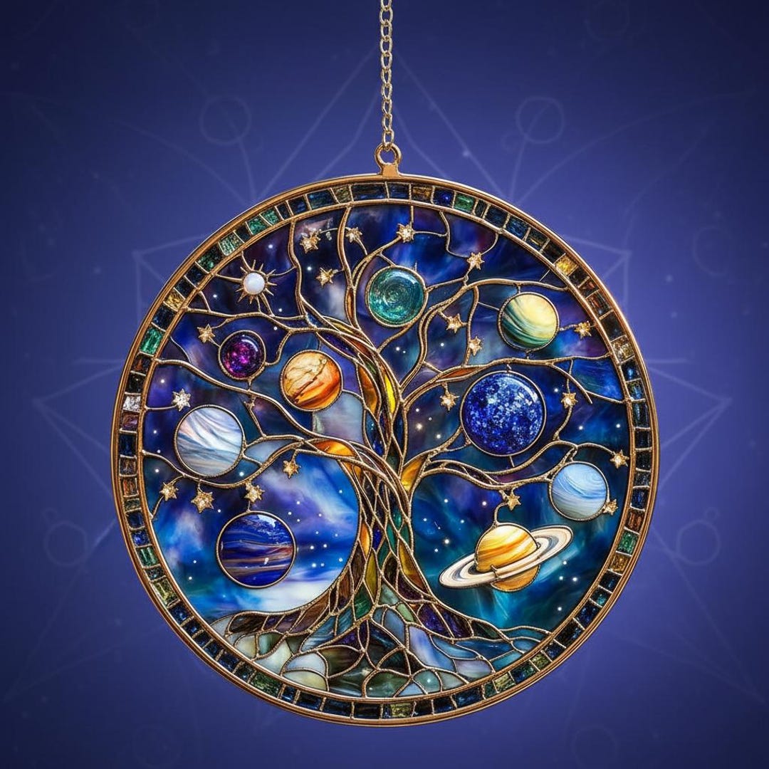Celestial Planets Faux Stained Glass Suncatcher, Tree of Life Galaxy ...