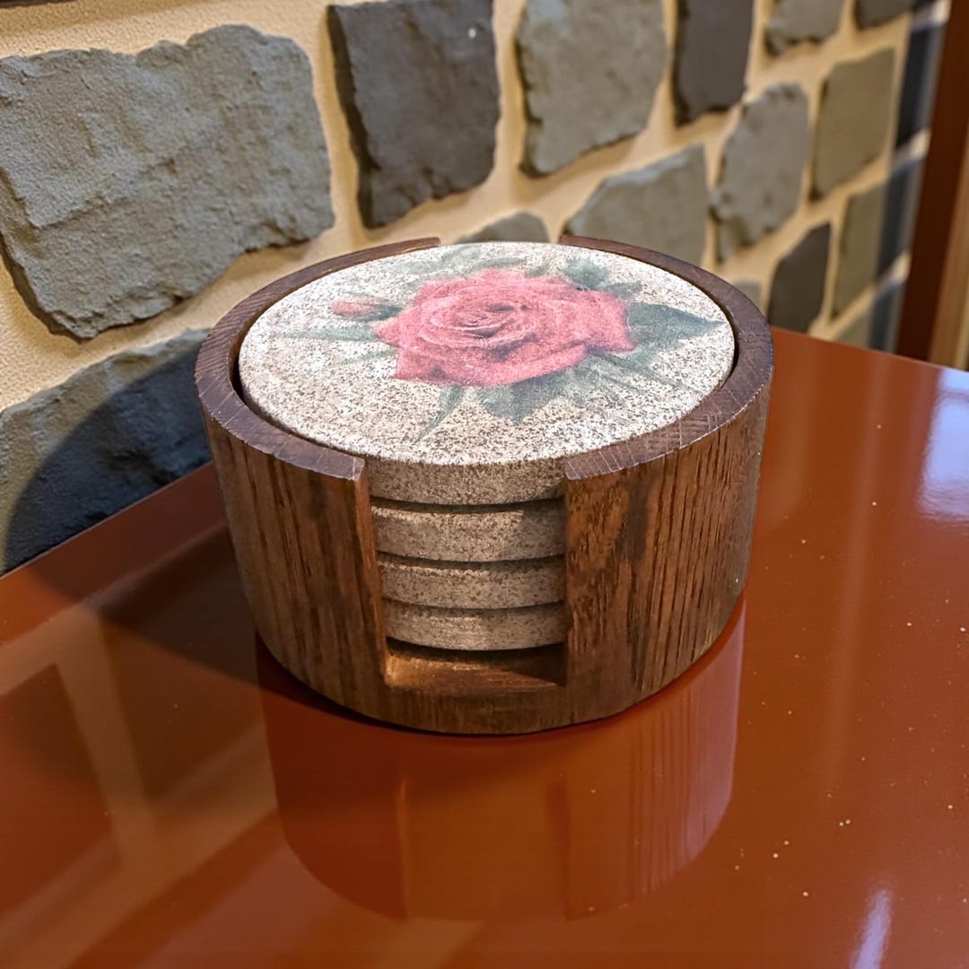 Vintage Rose Sandstone Coasters With Wooden Holder Set of 4 - Etsy