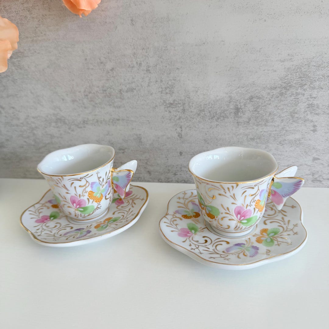 Vintage Butterfly Handle Teacup & Saucer Set – Hand-painted Porcelain ...