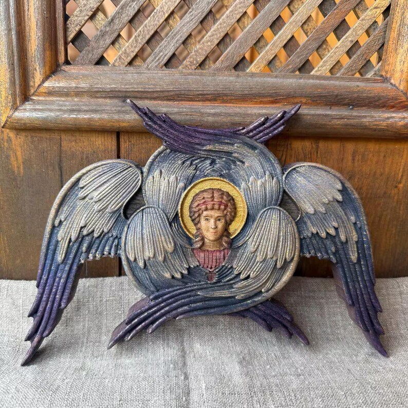 Luxury Wooden Seraphim Icon 7.5×10” | Solid Oak Angel Relief | Hand ...
