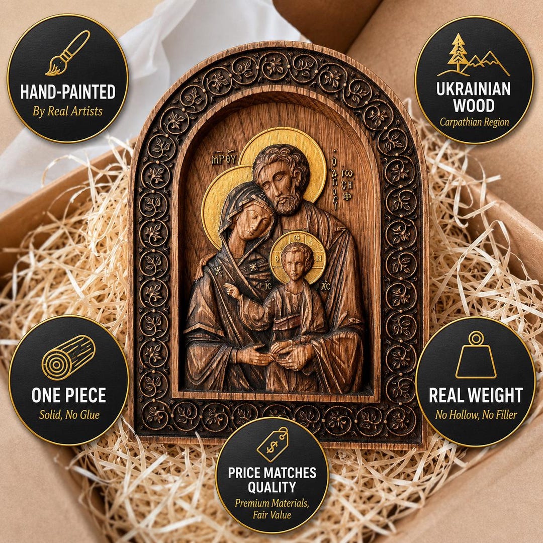 Holy Family Wooden Icon – Hand-carved & Hand-painted Solid Oak ...