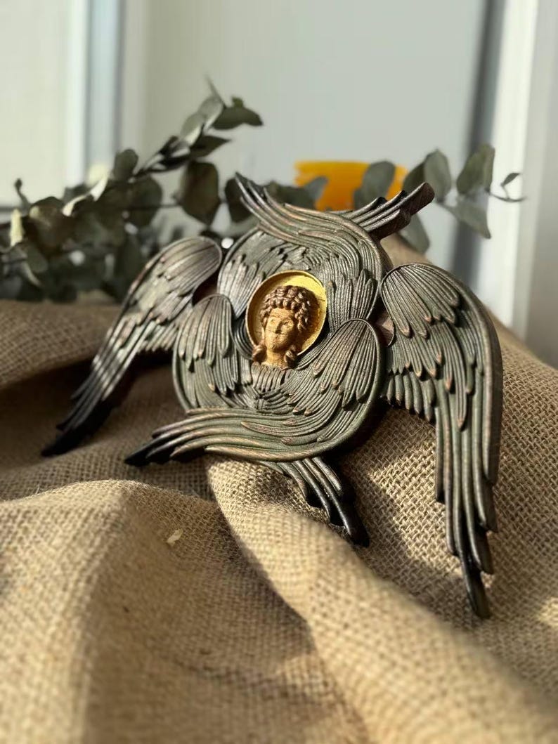 Luxury Wooden Seraphim Icon 7.5×10” | Solid Oak Angel Relief | Hand ...