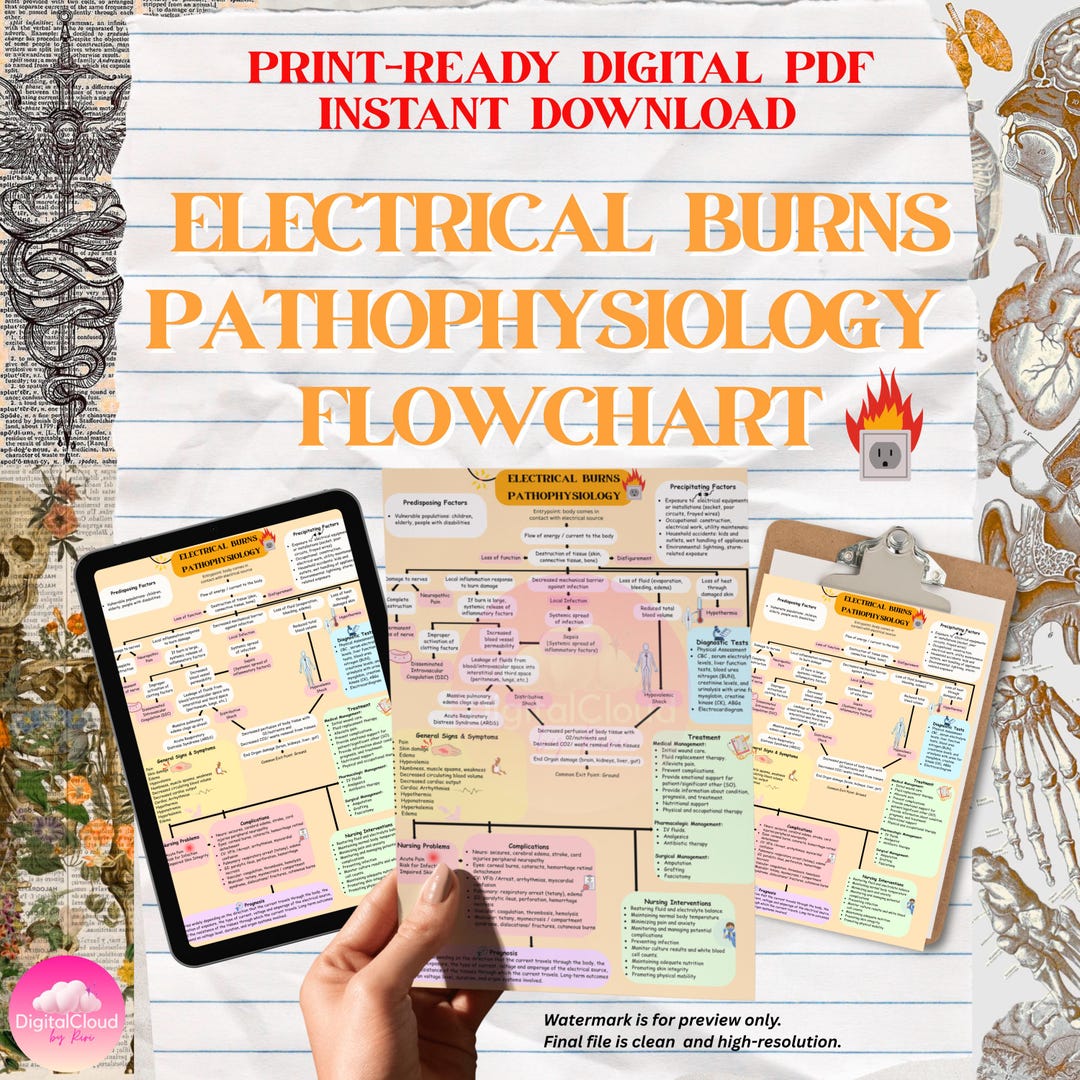 Pathophysiology of Electrical Burns Flowchart, Cheat, Sheet, Study ...