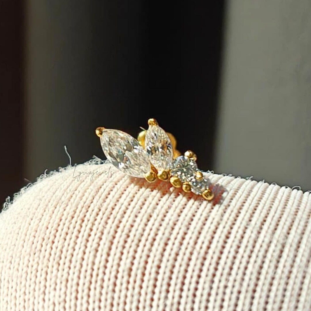 14k Solid Gold Marquise Cluster Leaf Helix Stud Curved Conch Piercing ...
