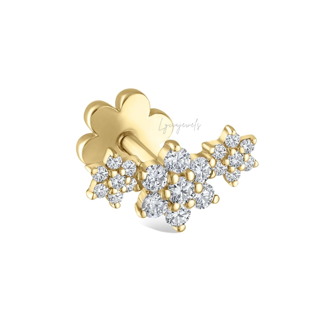 14K Yellow Gold Flower Tiny Round Diamond Helix Stud Conch Piercing ...