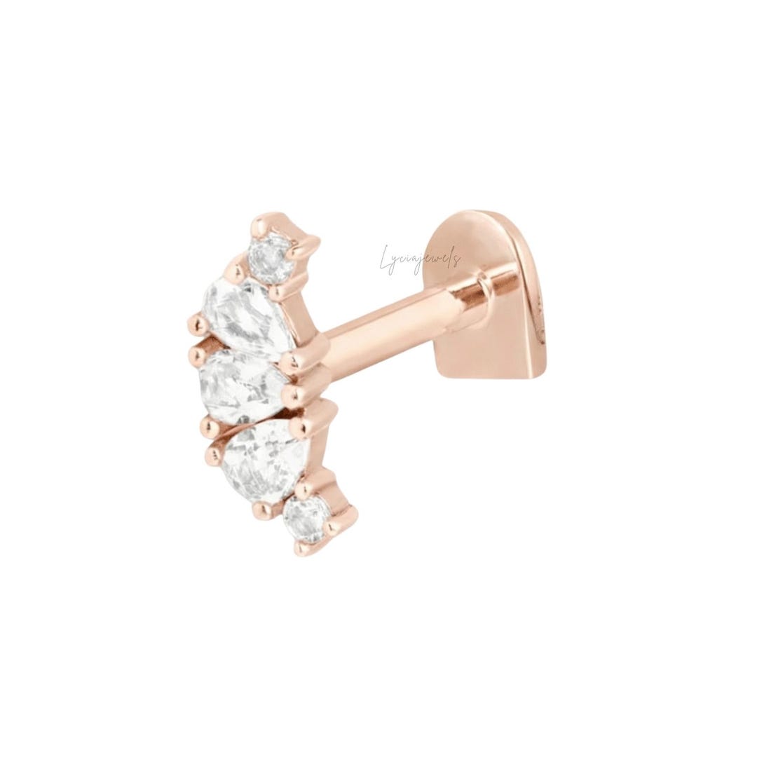 14K Gold Curved Helix Stud Flat Back Labret Piercing Conch Jewelry ...