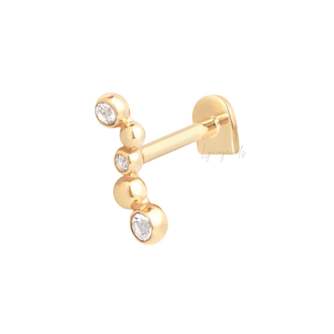 14k Solid Gold Curved Helix Stud Diamond Cartilage Earring Flat Back ...