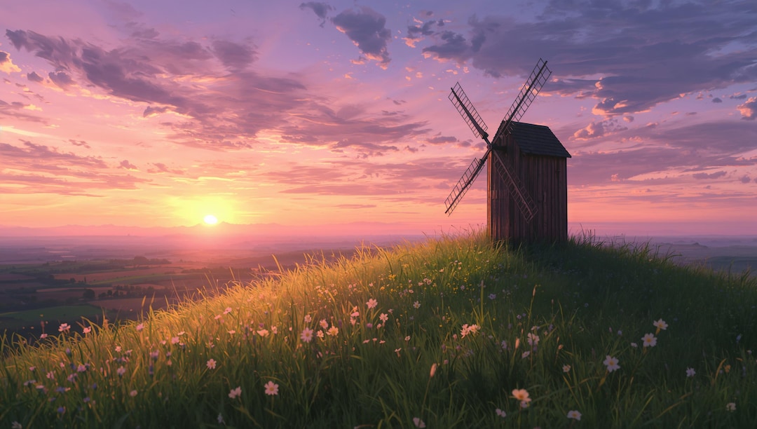Studio Ghibli Sunset Windmill Wallpaper: 4K Pastel Landscape (digital ...