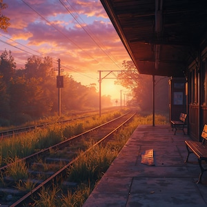 Anime Sunset Train Station Wallpaper Pack: Lo-fi Nostalgic Backgrounds ...