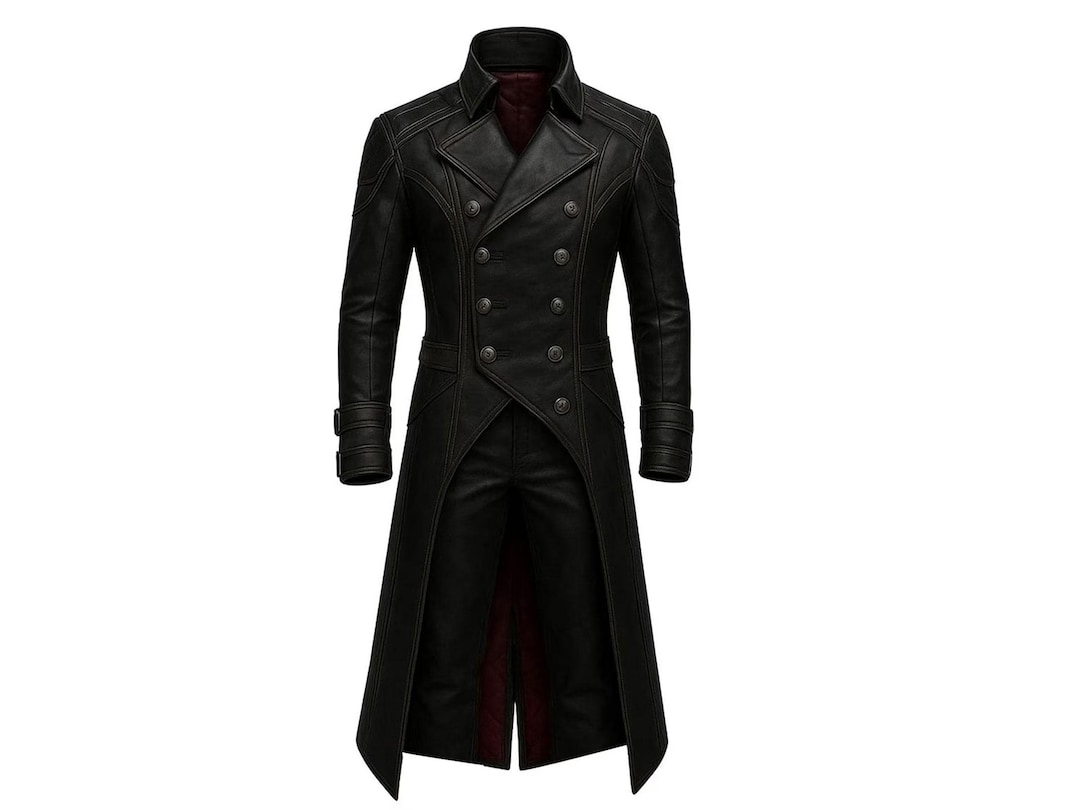 Men's Genuine Leather Gothic Trench Coat: Double Breasted Steampunk ...